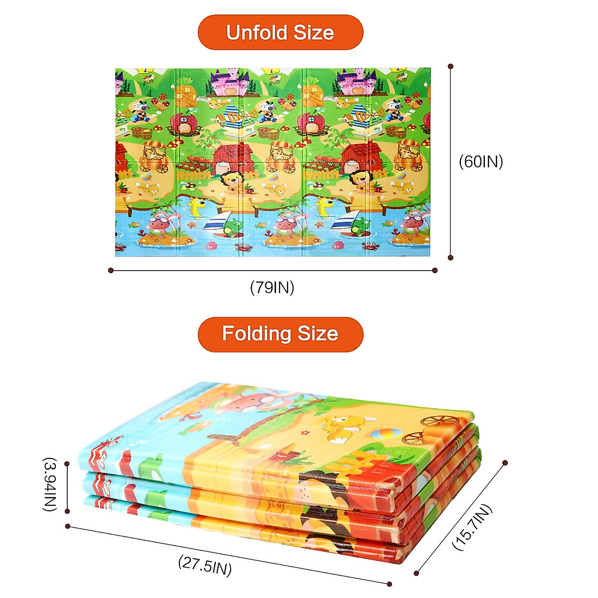 Baby Play Mat Playmat Baby Mat Baby Folding Mat Extra Large Play Mat XPE Foam Crawl Mat Reversible Waterproof Portable Double Sides Kids Toddler Outdoor Indoor Use Non Toxic Colorful 79" x 60"
