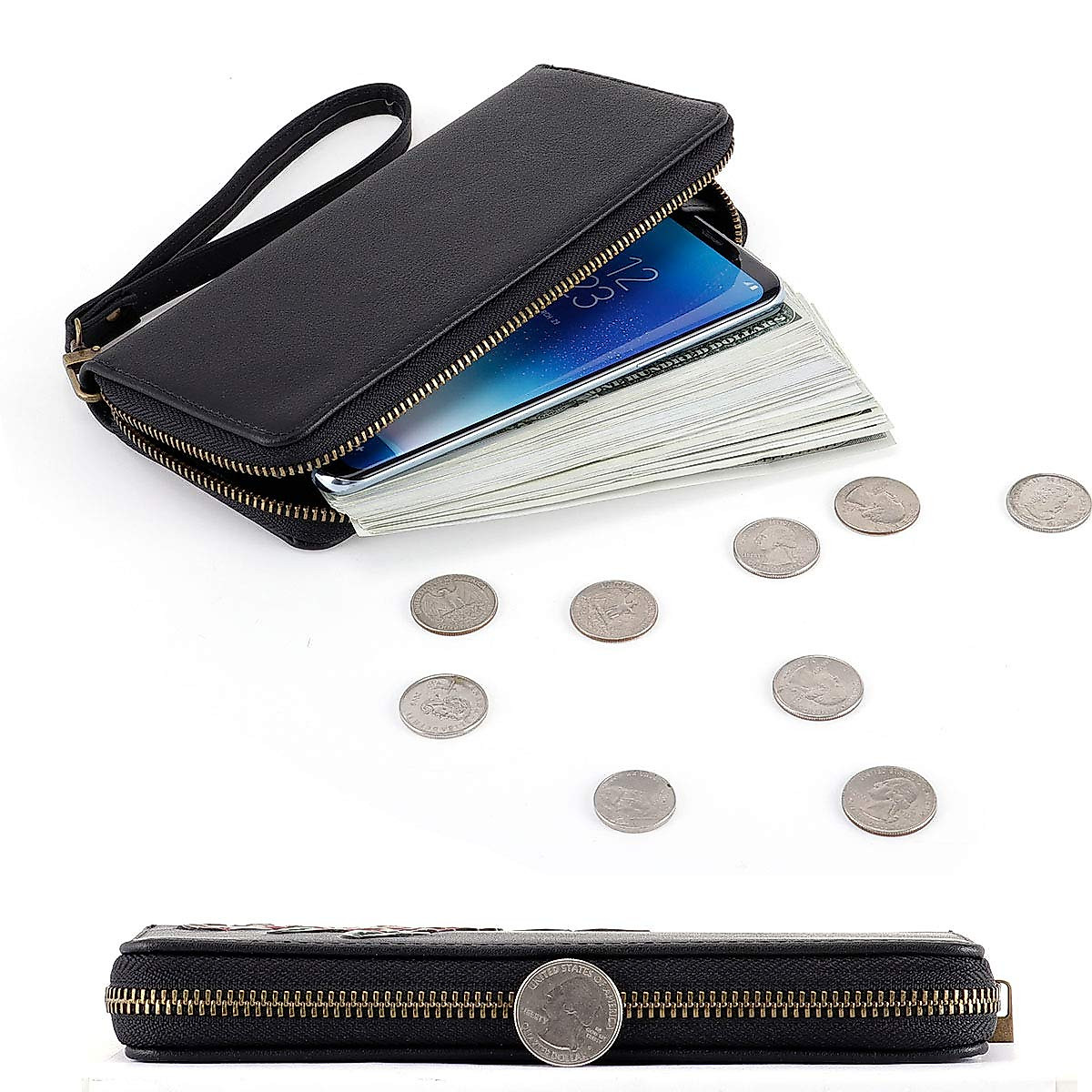 HAWEE Leather Clutch Wallet for Women Zippered Wristlet Bag, Embossing Rose