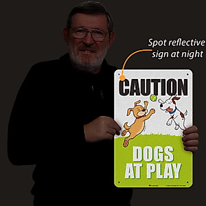 SmartSign 18 x 12 inch “Caution - Dogs at Play” Metal Sign, 63 mil Aluminum, 3M Laminated Engineer Grade Reflective, Multicolor, Made in USA