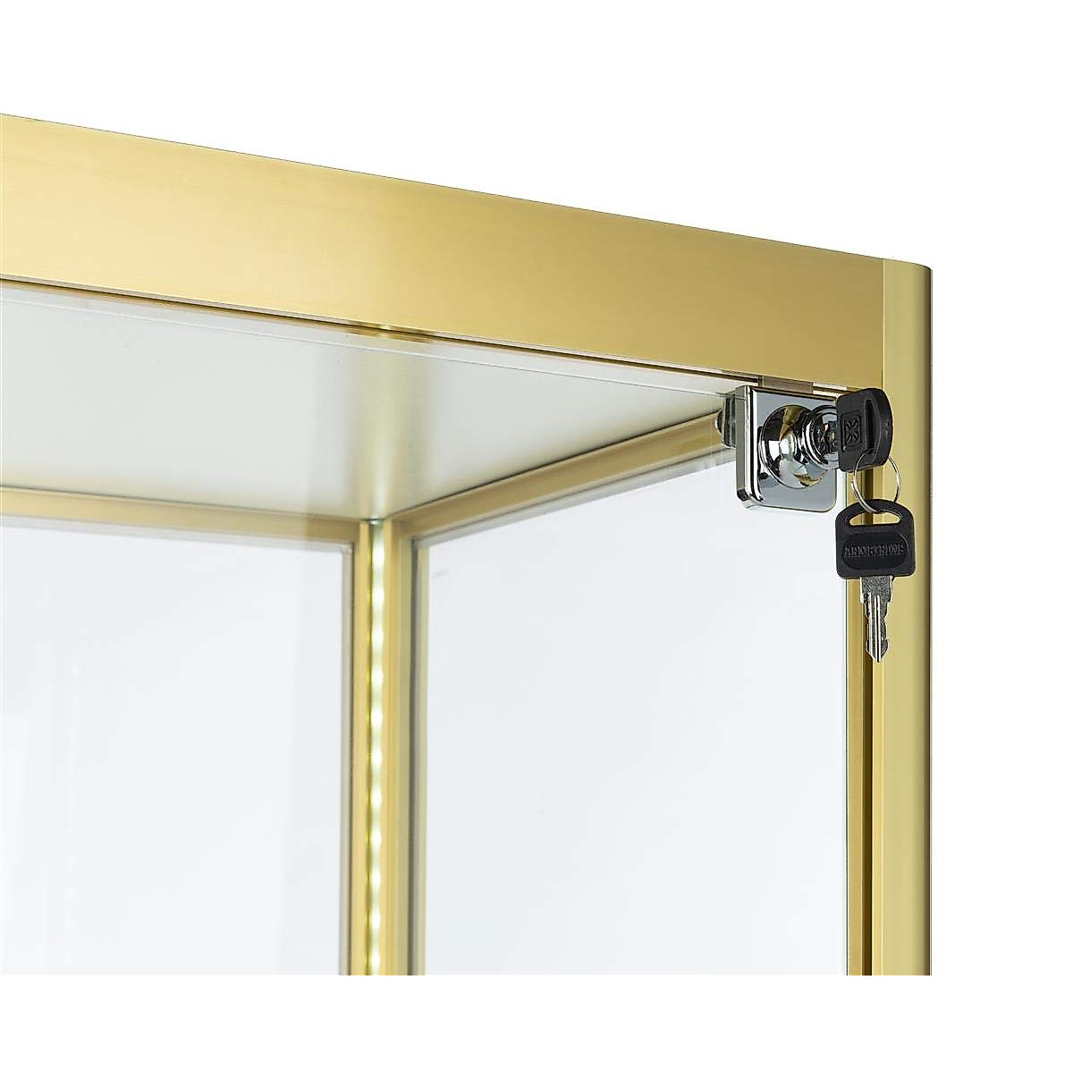 Displays2go Tempered Glass Curio Cabinet, Adjustable Shelves – Gold (DCKDMT16G)