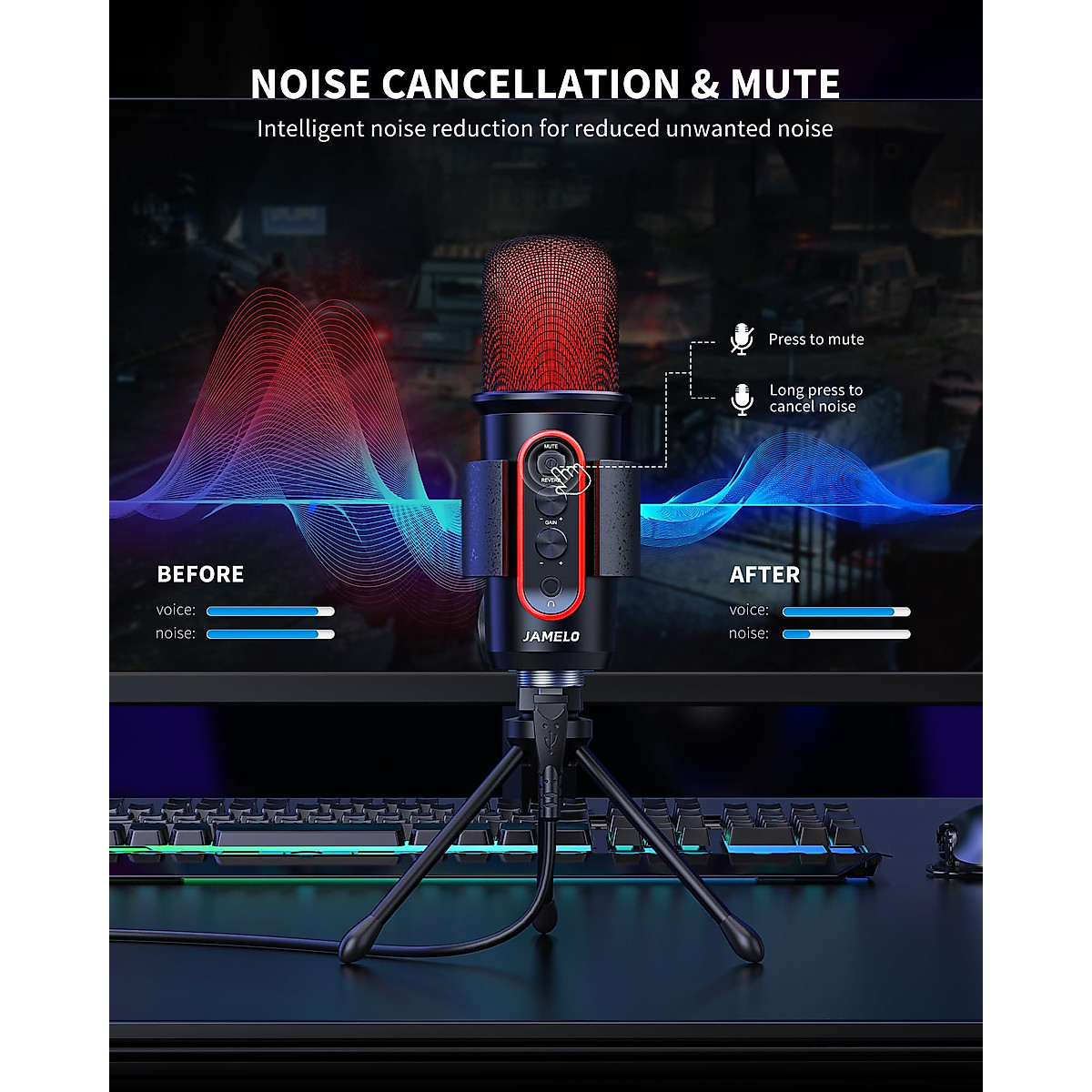 JAMELO Gaming Microphone, USB Computer Condenser Mic for PC/Laptop/Phone/PS4/5, RGB, Headphone Output, Volume Control,Plug and Play, Mute Button, for Streaming, Podcast, Studio Recording