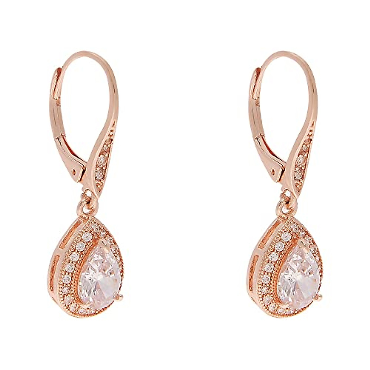 Anne Klein "Classics" Rose Gold-Tone Cubic Zirconia Leverback Pear Shape Drop Earrings