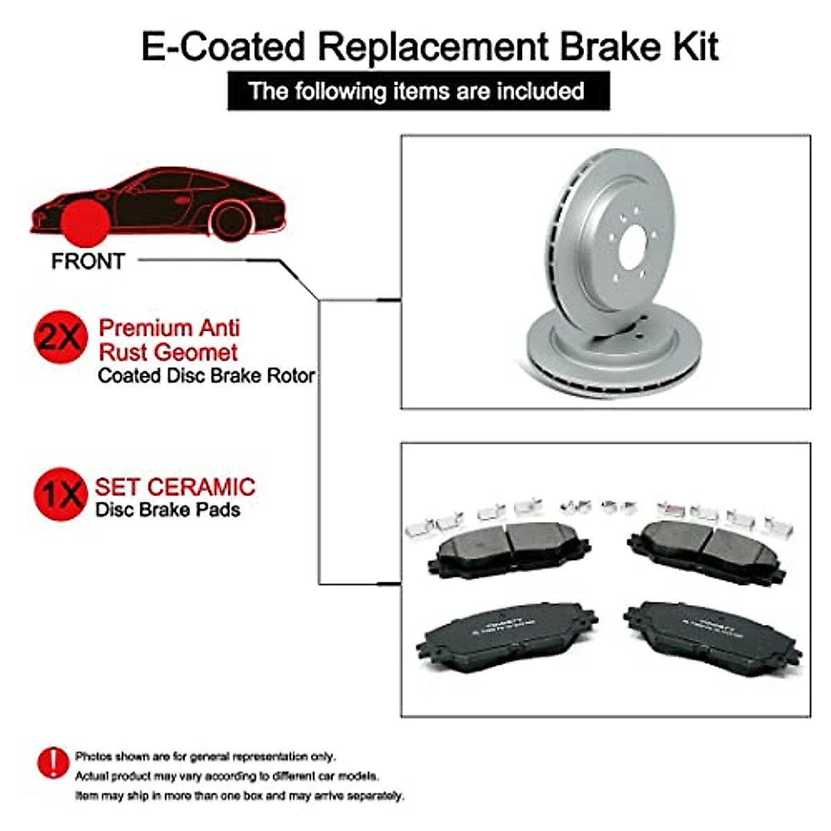[Front] TOVASTY Brake Pads and Rotors Kit for Chrysl(er PT Cruiser 2003-2009 E-Coated [BKC2022]