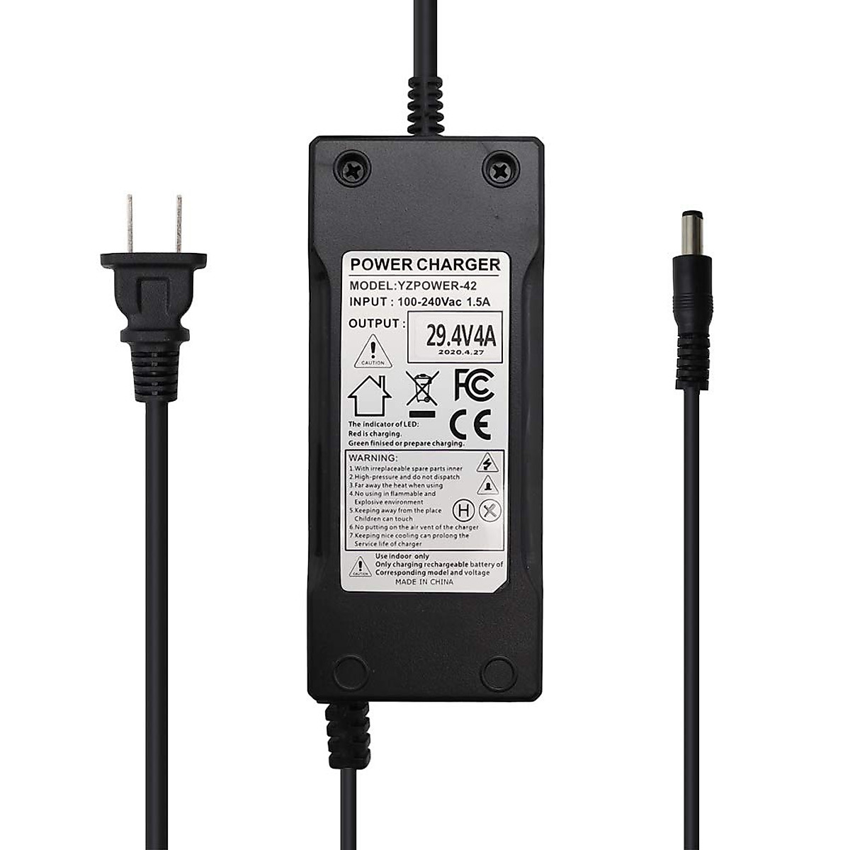 29.4V 4A AC/DC Power Adapter Charger 24V 4A for 24V 7S Lithium Li-ion Battery, 5.5x2.1mm DC Plug with 5.5 * 2.5mm Tip