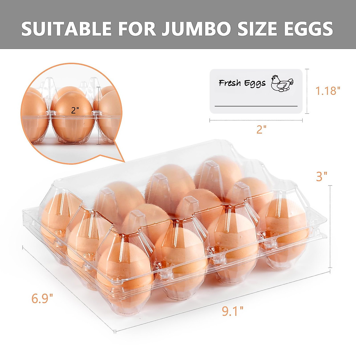 YIFIHGE 60 Pack Egg Cartons Cheap Bulk 1 Dozen Jumbo Egg Cartons Extra Large Duck Egg Cartons with Sticker Labels Clear Empty Plastic Egg Containers for Home Ranch Farm Commercial Market Display