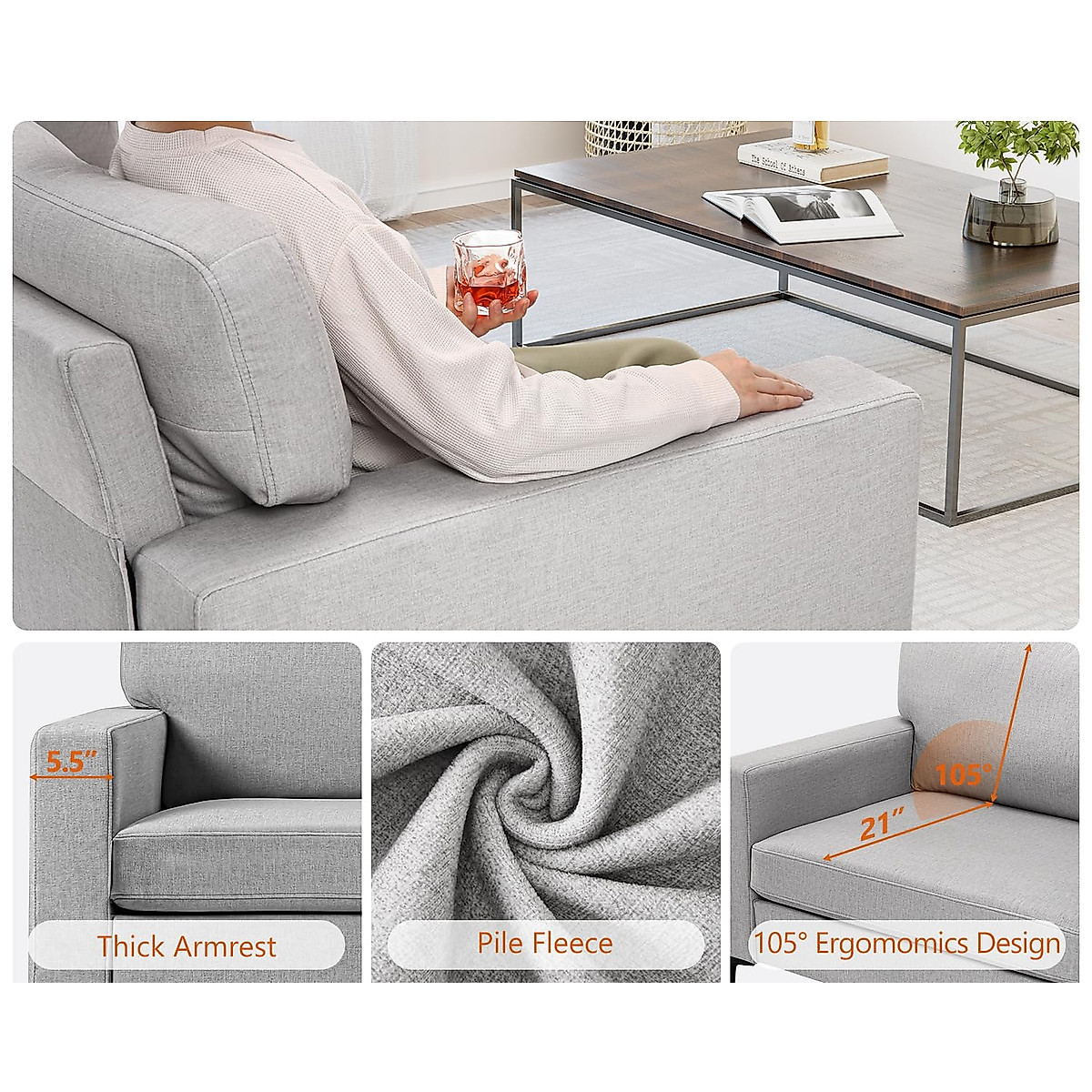 IDEARHOUSE 82 Inch Sofa, Comfy Couch, Modern Sofa, 3 Seater Sofa with Linen Fabric, Sofa Couch for Living Room Apartment Lounge Cozy Lounge Sofa,(Light Gray)