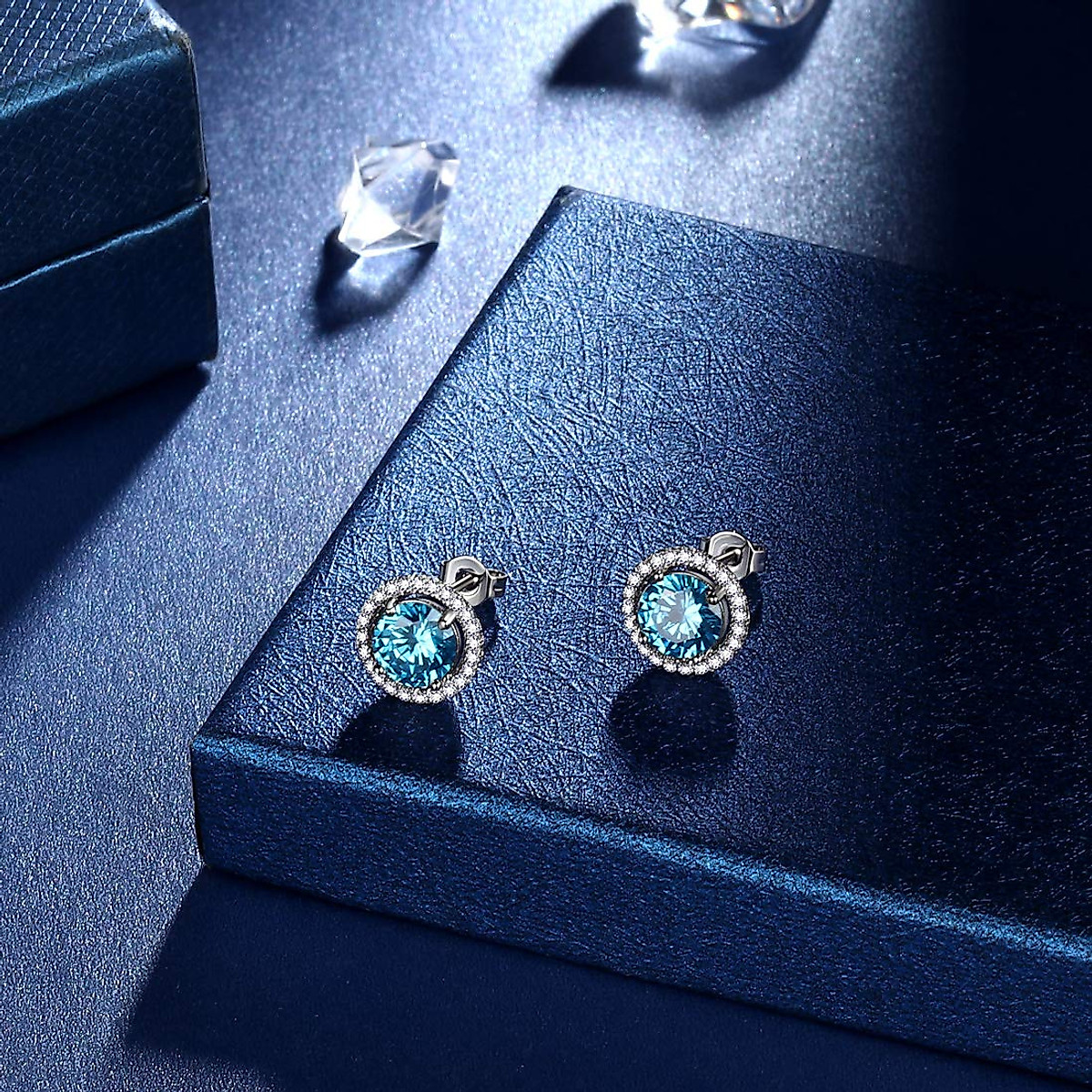 beautlace March Birthstone Necklaces/Stud Earrings Set Silver Plated Round Shape Jewelry Sets Blue Birthstone Jewelry Birthday Gifts for Men and Women KS0017M