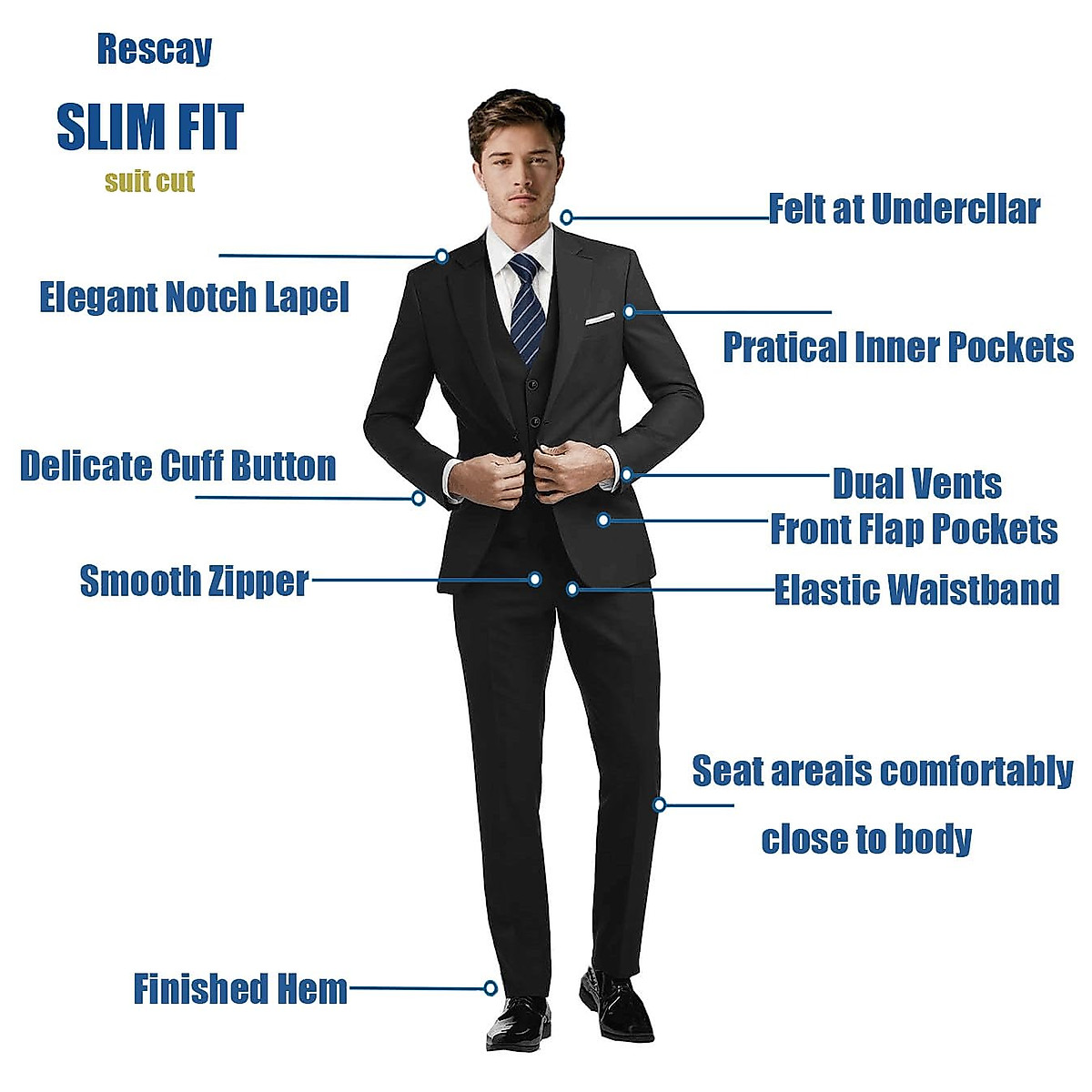 Men Suits 3 Pieces Set Slim Fit Prom Suit Tuxedo Business Formal Suit Wedding Suit Jacket Vest and Pant Suits Black XL