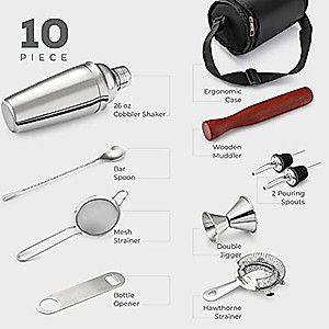 10-Piece Cocktail Shaker Set With Travel Bag - Stainless Steel Cocktail Shaker Set Bartender Kit - Mixology Bartender Kit - Strainer, Muddler, Jigger, Bar Spoon, Bottle Opener, Pour Spouts - Bar Set