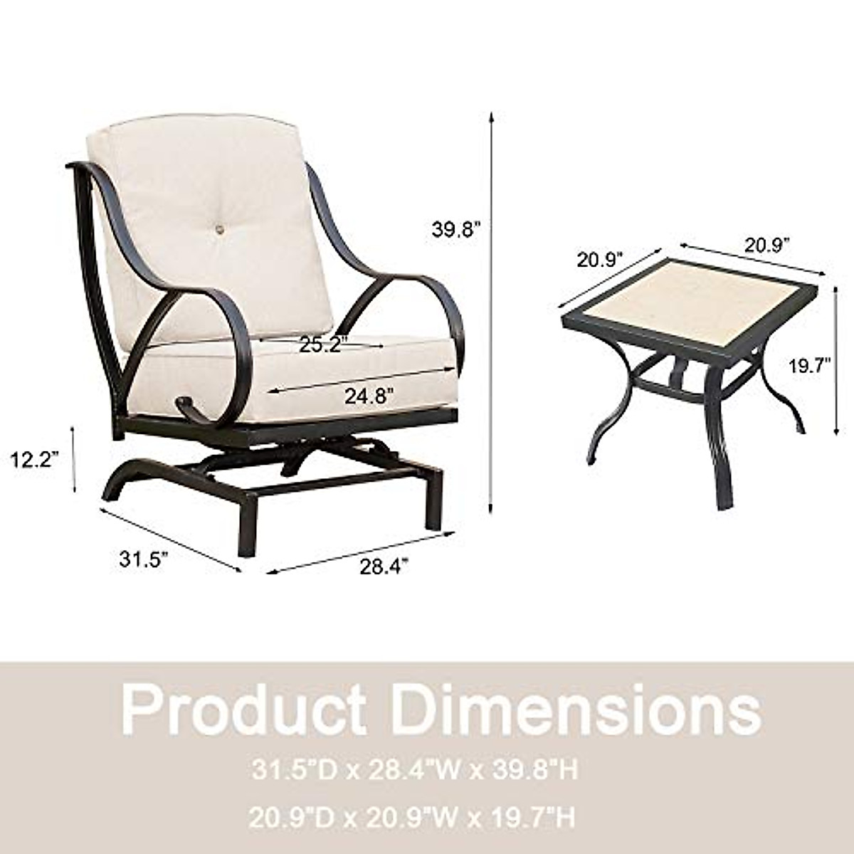 Top Space Patio Bistro Set Conversation Set Outdoor Metal Furniture Rocking Motion Chairs with Cushions and Square Coffee Table for Garden Balcony Lawn (3PCS, White)