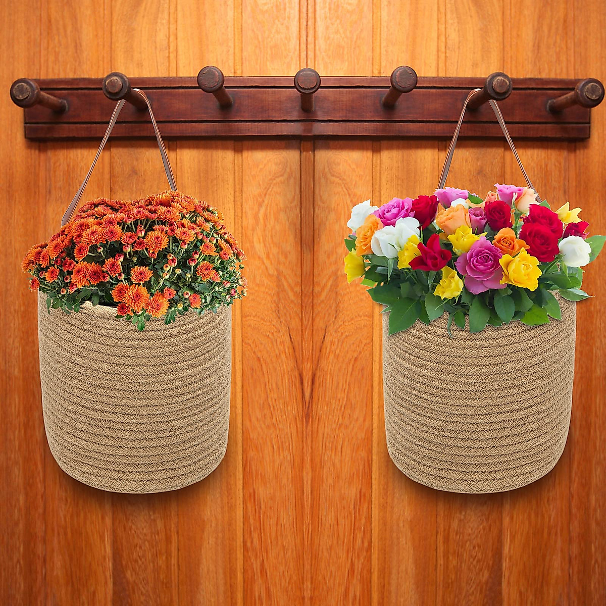 YOUEON Set of 2 Jute Hanging Basket 7.8" x 6.7", Wall Hanging Planter Baskets, Jute Woven Hanging Storage Baskets, Small Woven Baskets for Sunglasses Wallet Keys Flower Plants Towels Toys