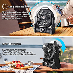 Camping Fan, Portable Camping Fan Rechargeable, Battery Powered Fan Work as Power Bank, Small Ceiling Fan with Lights & 270° Auto Rotation, USB Desk Fan for Camping Outdoor Travel RV Fishing