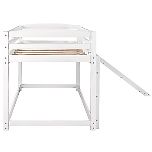 Low Bunk Beds Twin Over Twin Bunk Bed with Slide Wood Bed Frame for 2 Kids Toddlers Boys Girls Teens, White