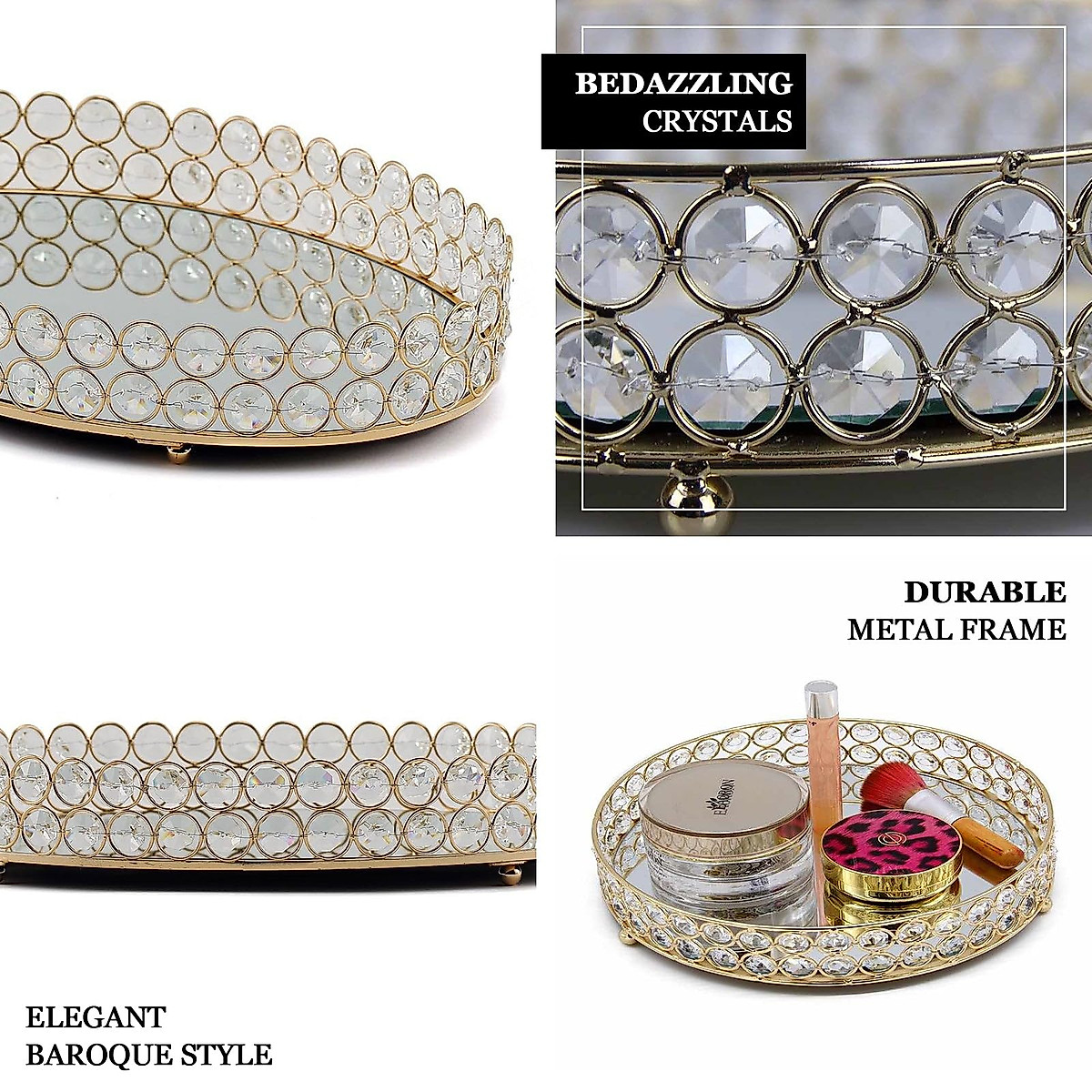 Efavormart 16" x 12" Gold Metal Crystal Beaded Decorative Serving Tray Oval Mirror Tray for Wedding Birthday Party
