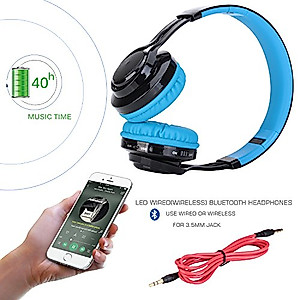 Riwbox Bluetooth Headset, AB005 Wireless Headphones 5.0 with Microphone Foldable Headphones with TF Card FM Radio and LED Light for Cellphones and All Bluetooth Enabled Devices (Black&Blue)