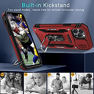 DEERLAMN for iPhone 13 Pro Max Case with Slide Camera Cover+Screen Protector(1 Pack),Rotated Ring Kickstand Military Grade Shockproof Protective Cover 6.7 Inch-Red