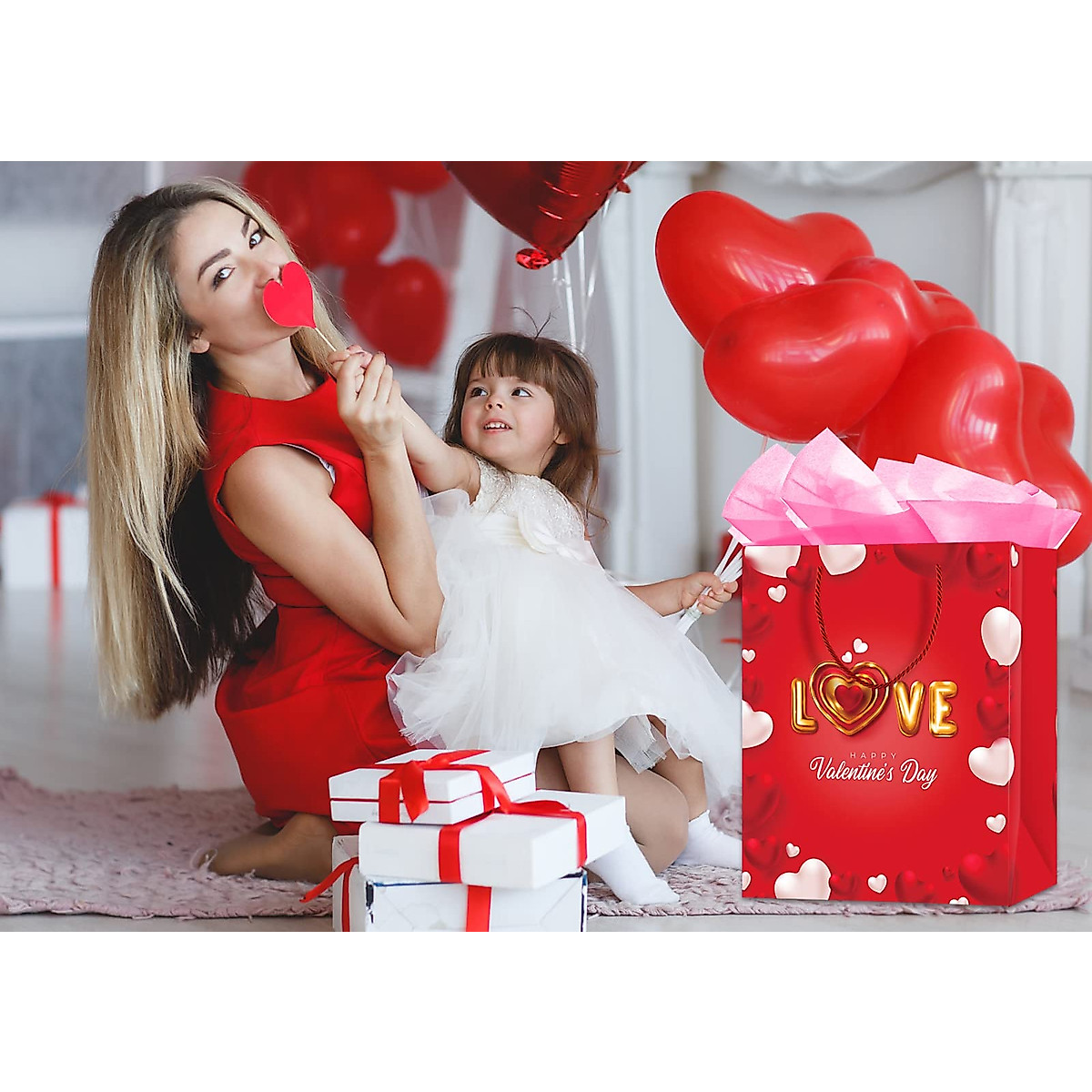 WhatSign Valentine Gift Bags Happy Valentines Day Gift Bags with Handles 11.5" Valentine's Paper Gifts Bags with Tissue Paper Valentines Gifts Bags for Her Him Girlfriend Boyfriend Wife Husband Women