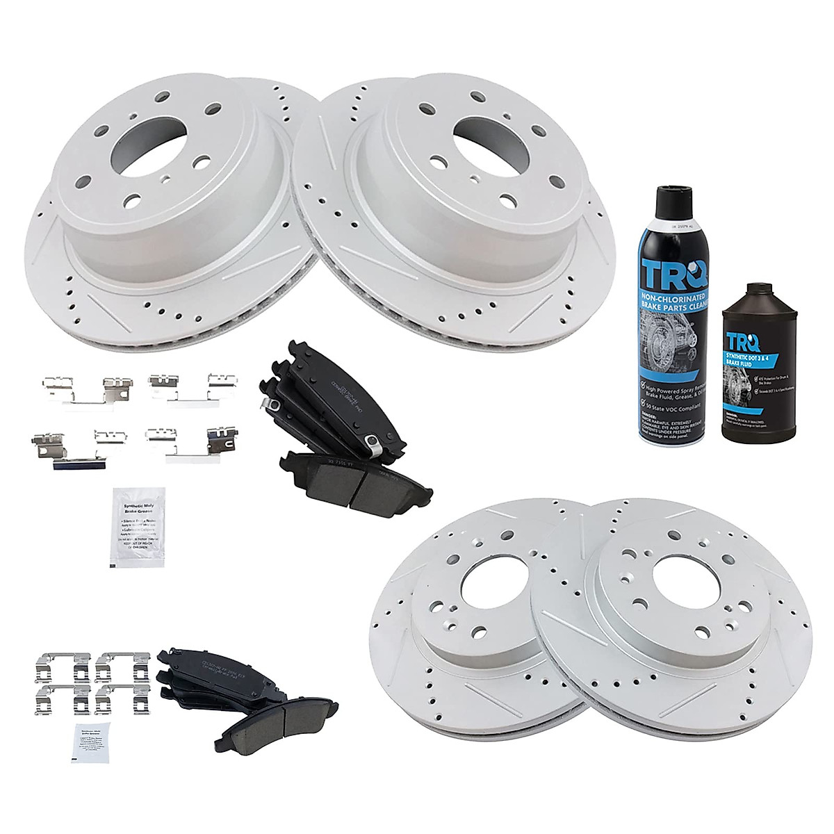 TRQ Front & Rear Brake Pad & Rotor Kit Premium G-Coated Performance Ceramic Slotted X Drilled Compatible with 15-20 Cadillac 14-20 Chevrolet GMC