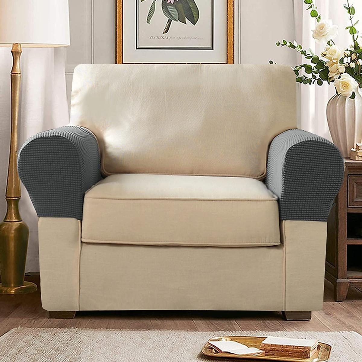 BAGASI Couch Arm Covers, Sofa Armrest Protectors Anti-Slip Couch Arm Rest Cover Stretch Fabric Armchair for Chair Sofa Couches Recliner, Set of 2,Light Gray