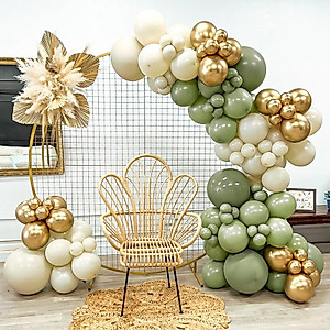 RUBFAC 65 Pcs 12 Inches Sage Green Gold Confetti Balloons Kit, Green Gold Sand White Party Balloons with Ribbons for Tiana Birthday, Wedding, Baby Shower, Graduation, Eucalyptus Party Decorations