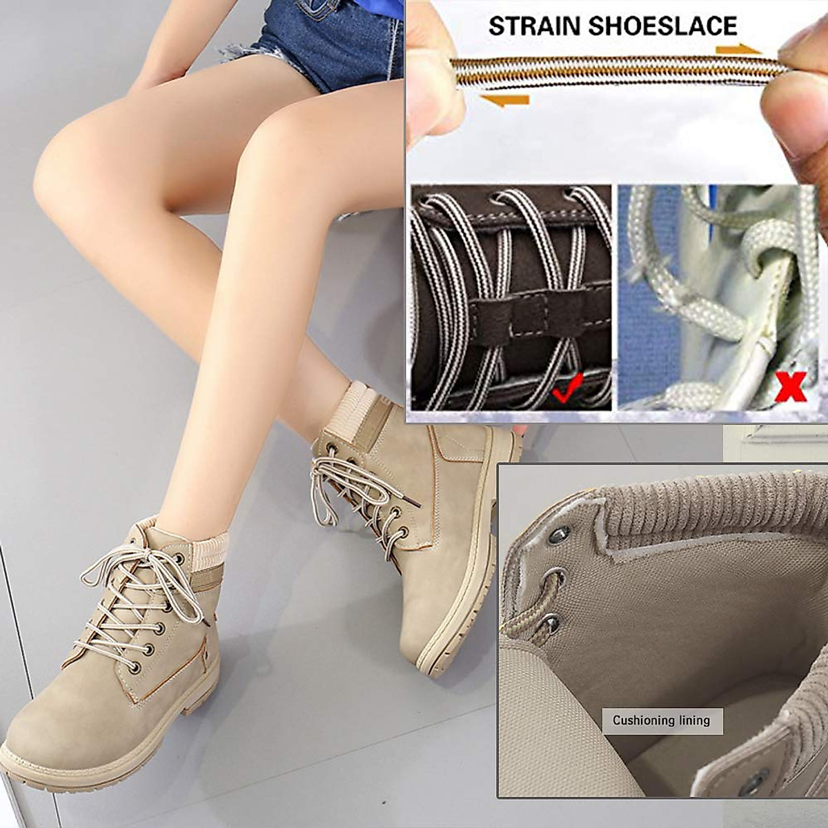 Athlefit Women's Work Waterproof Hiking Combat Boots Lace up Low Heel Booties Ankle Boots size 8 Khaki