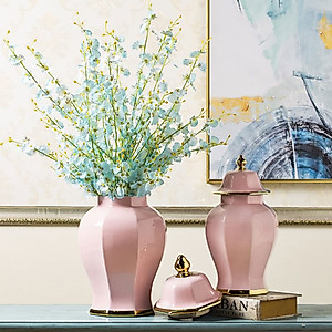 Handmade Pink Hexagon Ginger Jar Vase Ornament, Home & Living Room Decorative Jar, Gold-Plated Ceramic Temple Jar (Size : Large)