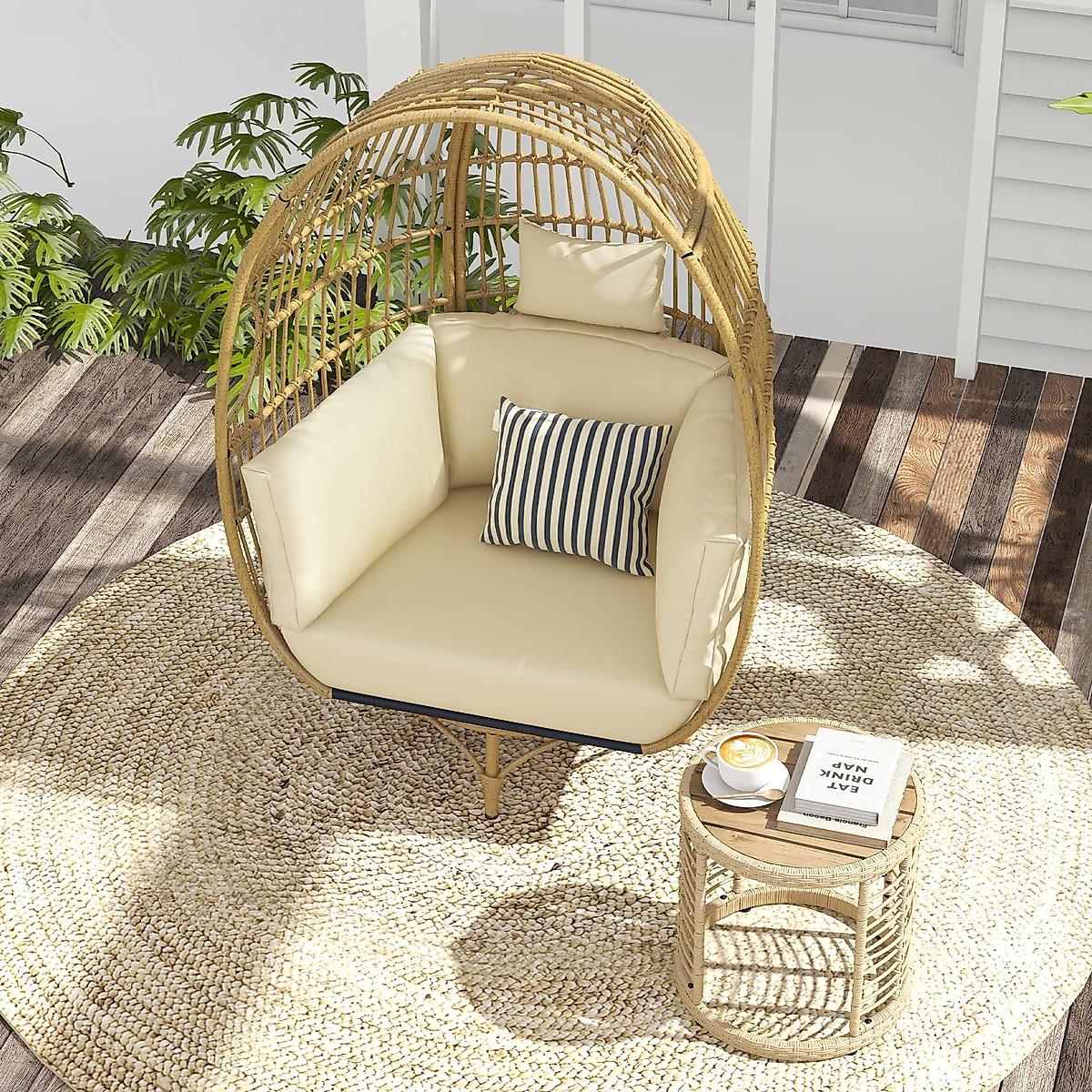 DWVO Outdoor Rotating Egg Chair, Patio Swivel Chair Oversized, 370lb Capacity, Anti-Slip, All-Weather Wicker Egg Lounger Chair for Indoor, Outside (Beige)