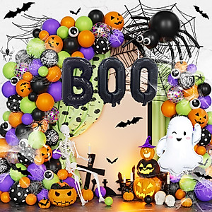 Fiesec Halloween Balloon Garland Arch Kit with Green Purple Black Orange Balloons, Halloween Theme Party Decorations BOO Foil Balloon Spider Bat, Happy Halloween Indoor Outdoor Yard Home Room Décor