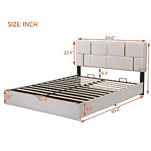 Anwickhomk Lift Up Storage Bed Queen Size Modern Upholstered Platform Bed with Headboard Wood Bed Frame with Hydraulic Storage System,Noiseless No Box Spring Needed, Easy Assembly (White)