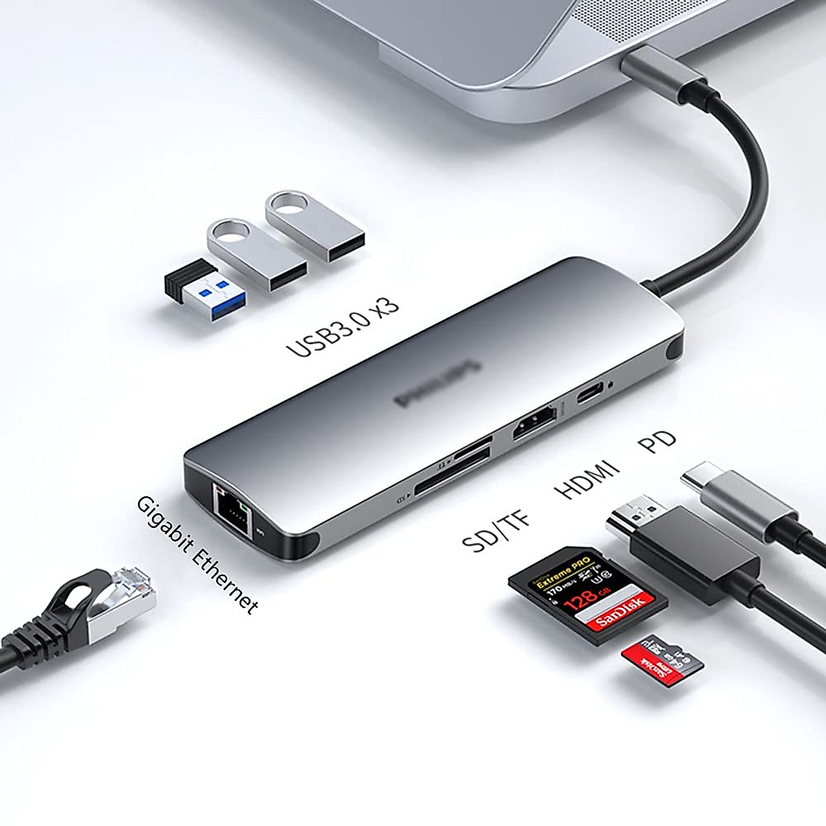 Port Expander USB C Hub 8-in-1 USB C Docking Station with Ethernet, HDMI, 3 USB3.0, SD/TF Card Reader, USB-C PD Compatible USB C Device USB Splitter