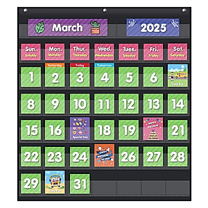 EAMAY Classroom Monthly Calendar Pocket Chart with 71 Cards for Kids Learning for Home(Black)