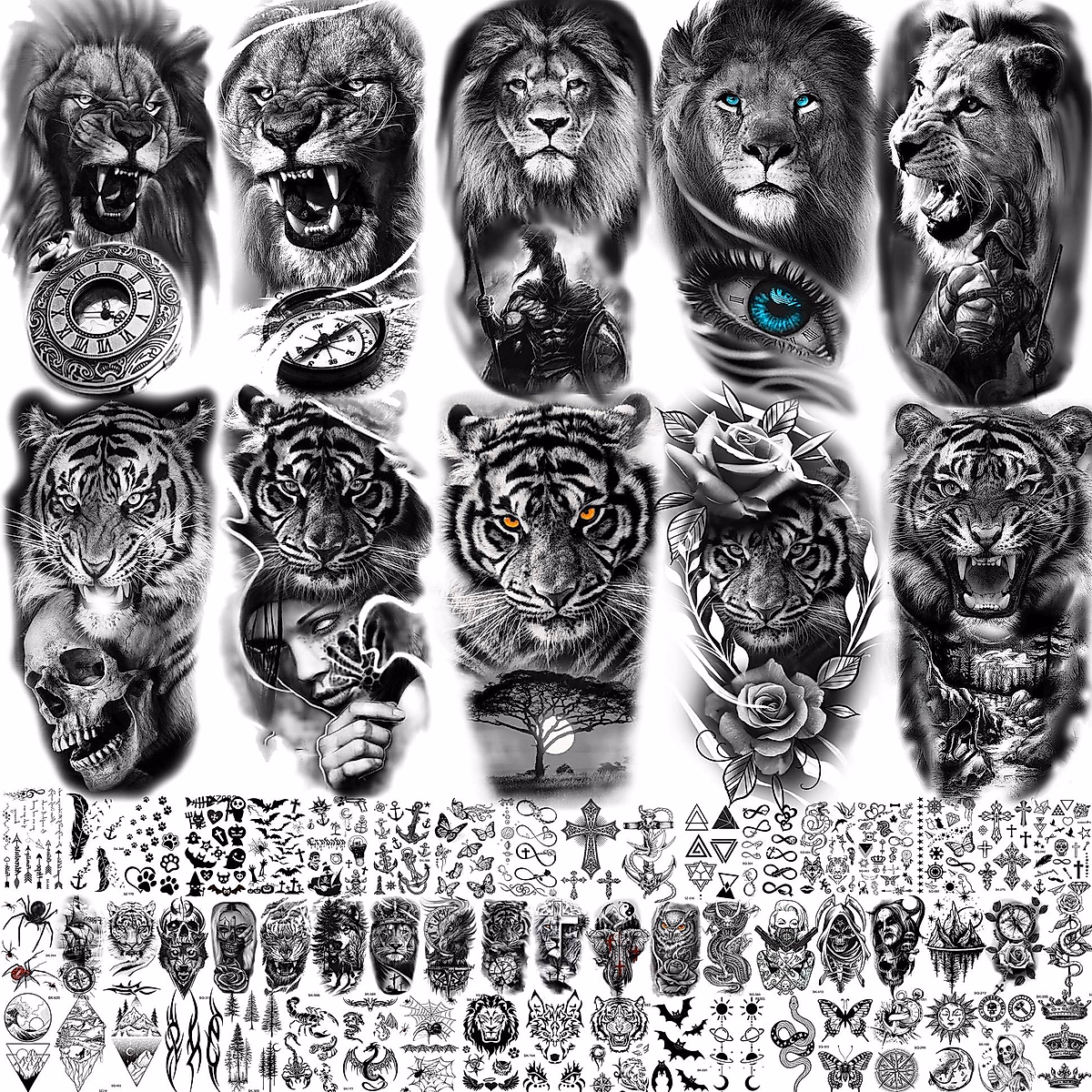 67 Sheets 3D Black Tribal Realistic Temporary Tattoos for Men Women Adults - Tiger Lion Gladiator Temp Skull Fake Half Arm Sleeve Tattoos Sticker