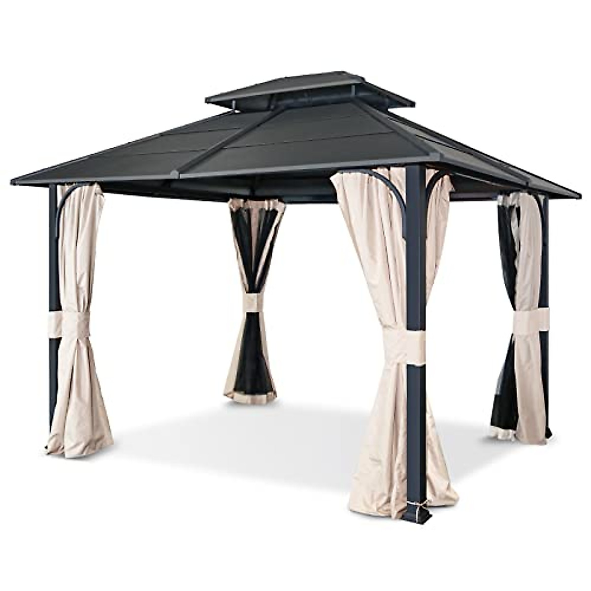 EAGLE PEAK 10x12 Outdoor Steel Frame Hardtop Gazebo Pavilion with Double Roof for Garden, Patio, Lawn and Party, Mosquito Mesh Netting and Light Beige Privacy Curtains Included, Black