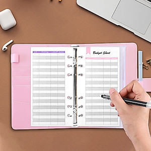 Sooez Money Organizer for Cash, A6 Budget Binder with Zipper Envelopes, Rose Gold Sticky Labels & Extra Thick Expense Sheets,Money Saving Binder Budget Book with Cash Envelopes for Budgeting, Purple