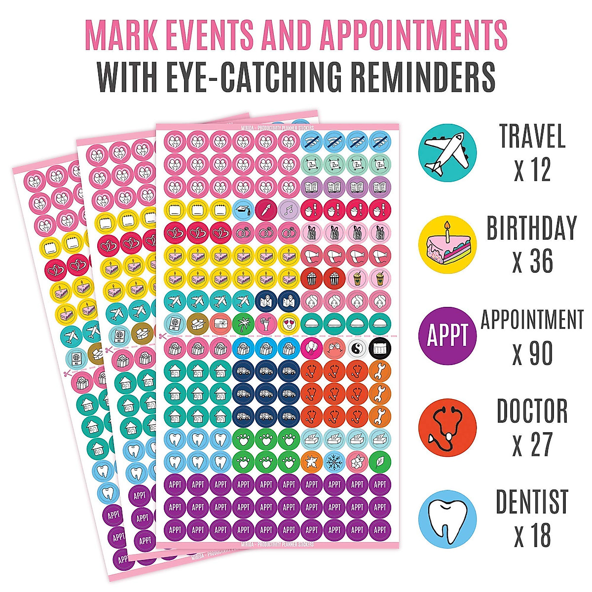 Mirida Planner Stickers – 1700 Productivity Mini Icons for Adults Calendar – Work, Daily To Do, Budget, Family, Holidays, Journaling – Variety Pack with Monthly Tabs