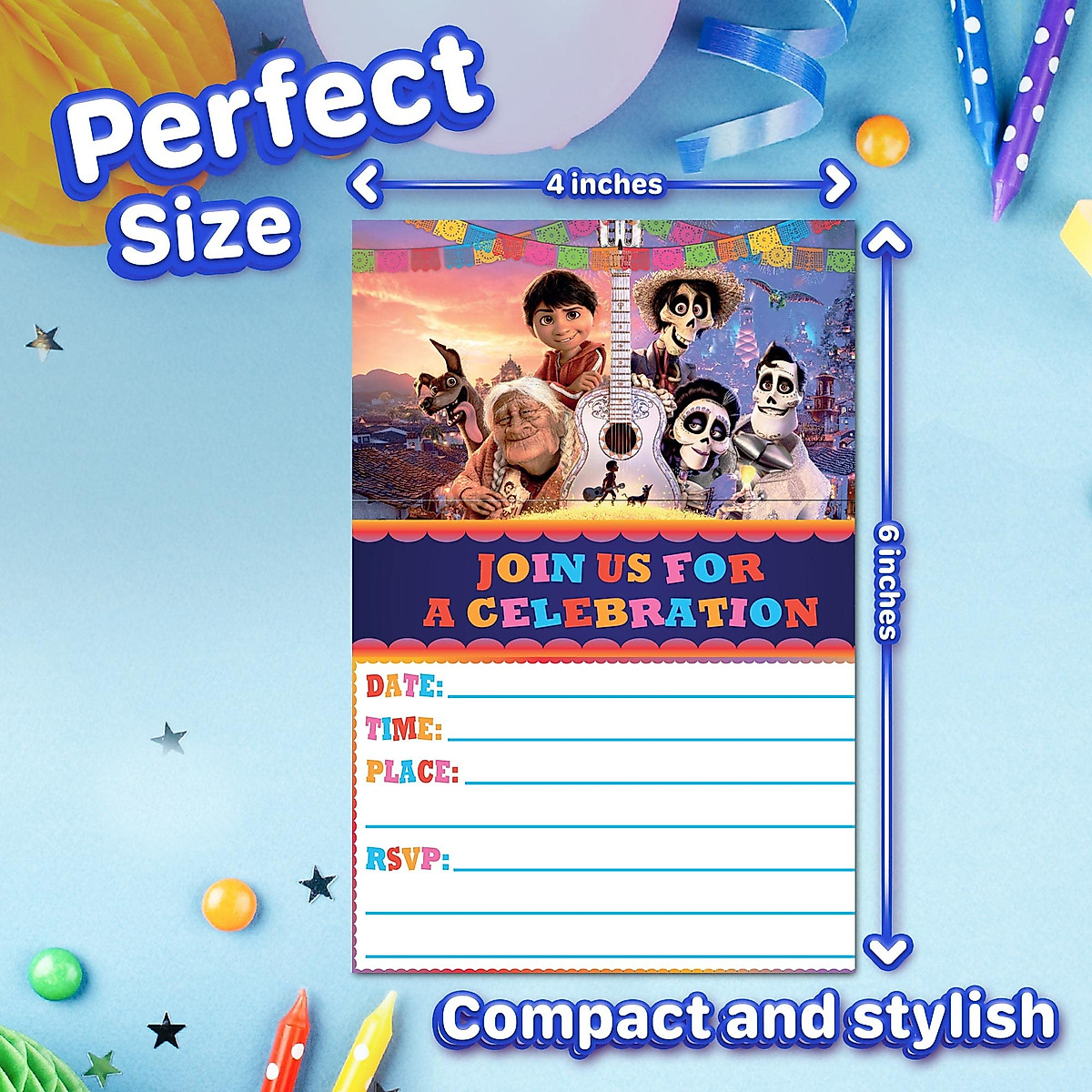 Set of 20 Coco -Themed Happy Birthday Invitation Cards & Envelopes - Lightweight (240g), Postcard Style Invites for the Perfect Party Pack