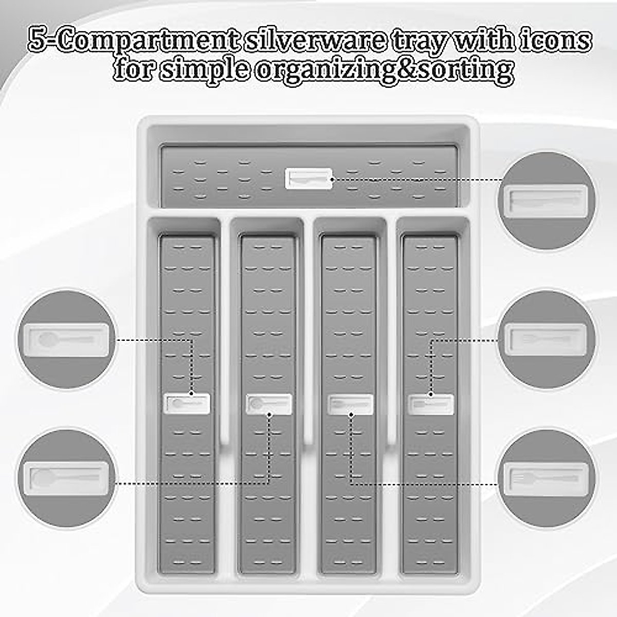 CherHome Silverware Organizer with Cutlery Icons，Silverware Tray for Kitchen Drawer，Plastic Flatware Tableware Silverware Drawer Organizer Utensil Organizer with Non-slip TPR Linings，5-Compartment（Grey）