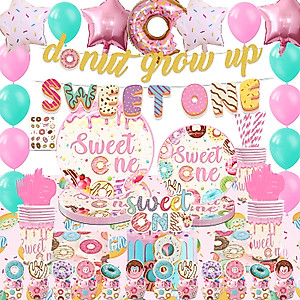 Sweet One Birthday Party Supplies for 2 Year Old Girl, 150 Pcs Donut Party Decorations for Girls Baby - Backdrop, Banner, Cake, Cupcake Toppers, Cupcakes Wrappers, Tablecloth