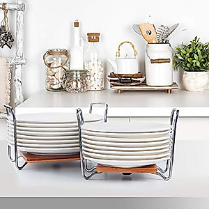 E-ROOM TREND Dish Holder SS304 Small&Large Square Total 2 Pack for 6" to 13" Plates Organizer Upgrade Thicken Bamboo Adjustable Size Easy Carried Handles Storage Rack for RV Cabinets Shelf (A018)