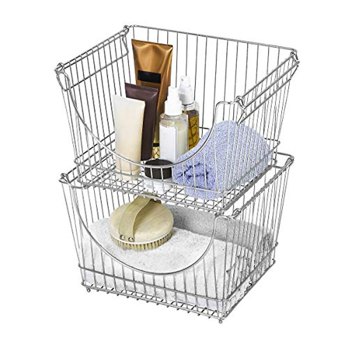 Smart Design Stacking Baskets with Handles - Set of 6 Large - Steel Metal Wire - Fruit Produce Vegetable Safe Storage Bin Organizer Pantry Counter Stand Rack - 12.5 x 8.5 Inch - Chrome