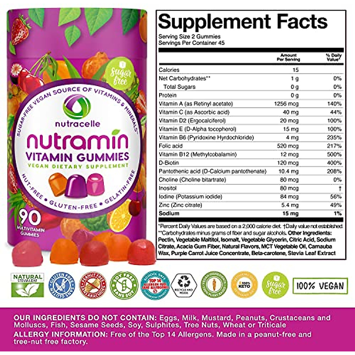 NUTRAMIN Daily Vegan Keto Multivitamin Gummies Vitamin C, D2, and Zinc for Immunity, Plant-Based, Sugar-Free, Nut-Free, Gluten-Free, with Biotin, Vitamin A, B, B6, B12 & More 90 Count, 45 Days