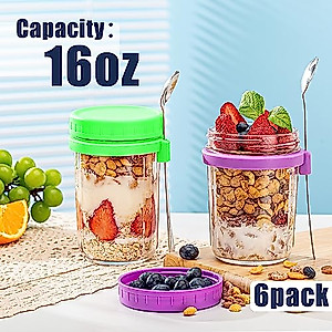 wookgreat Overnight Oats Jars, Overnight Oats Container with Leakproof Lid and Spoon Set of 6, 16 Oz Glass Mason Jars, Large Capacity Wide Mouth Jars with Measure Marks for Cereal Milkshake Meal Prep