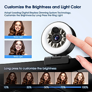Streaming Webcam with Light - 2 Light Colors/Dual Microphones Webcam with Light: Stepless Dimming Adjustable Brightness, Auto-Focus HD 1080P Webcam with Tripod, Web Camera for PC Laptop Computer