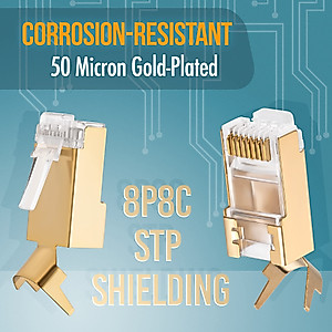 Everest Media Solutions RJ45 Cat7 & Cat6A Pass Through Connectors - 30 Pcs, 50UM Gold Plated Shielded FTP/STP External Ground for 23 AWG Network Cable