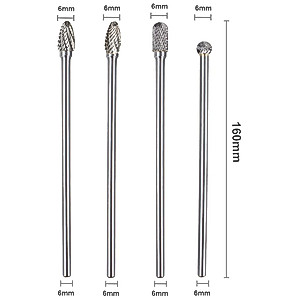 AYSUM 6-Inch Long Carbide Rotary Burr Set 6 mm (0.25 inch) Shank Long Reach Double Cut Tungsten Carbide Rotary File Set Fits Rotary Tool for Woodworking Drilling Carving Engraving, 4pcs