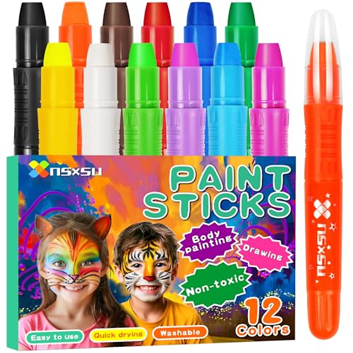 nsxsu 12 Colors Face Paint Sticks for Kids, Washable Face Painting for Toddlers and Students, Birthday Makeup Party Supplies, Kids Stocking Stuffers, Mess-Free Girls Boys Face Painting Kits