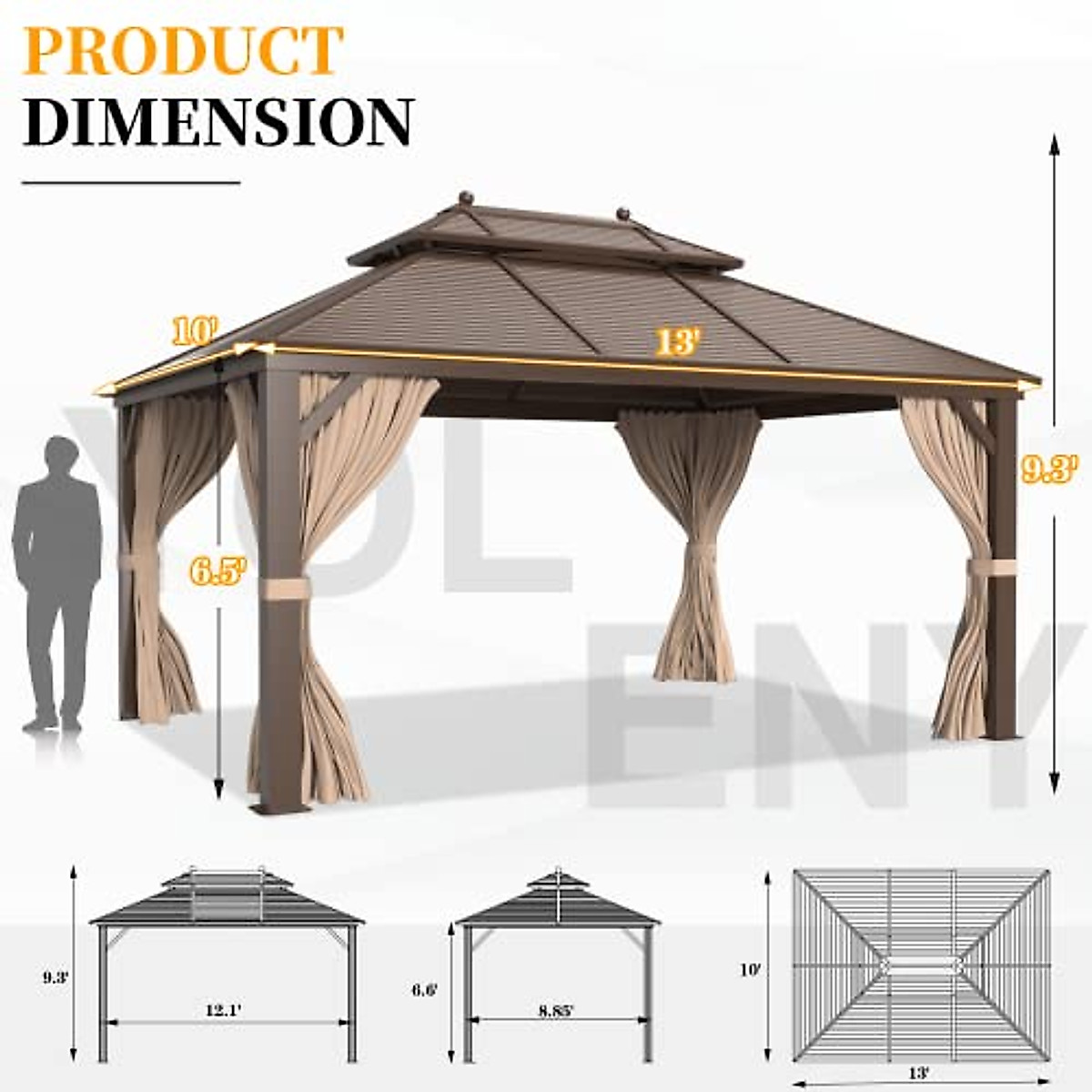 YOLENY 10' x 13' Hardtop Gazebo with Galvanized Steel Double Roof, Pergolas Aluminum Frame, Netting and Curtains Included, Metal Outdoor Gazebos for Garden, Patios, Lawns, Parties