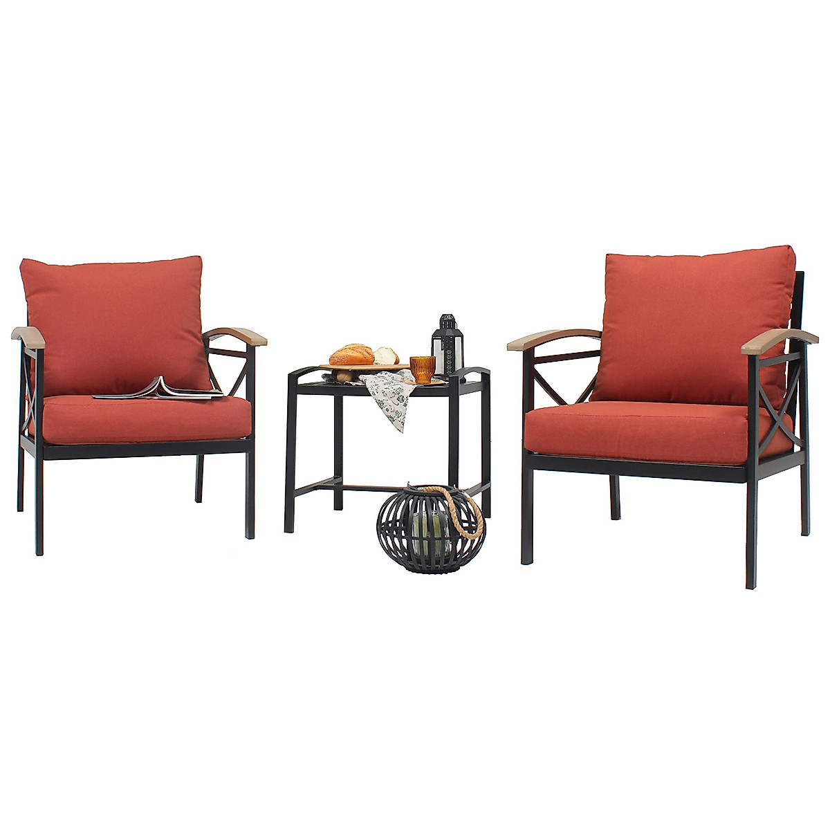 VARVIND 3 Pcs Outdoor Patio Furniture Set,Patio Conversation Sofa Set with Side Table,All Weather Patio Bistro Set,Outdoor Porch Chairs with Cushion for Garden,Backyard,Lawn,Poolside(Red)