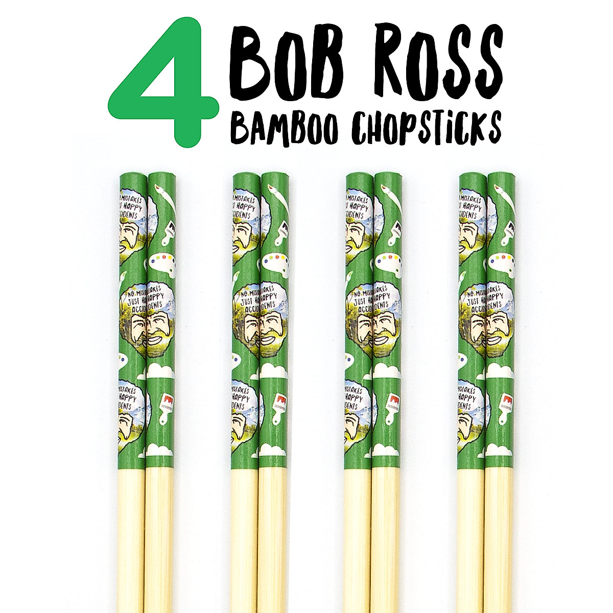 GAMAGO Bob Ross Bamboo Chopsticks Set - 4 Pairs of Adorably Cute Reusable Chop-sticks - Easy Grip, Lightweight, Durable, 9.25 Inches