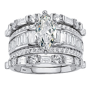 PalmBeach 14K Yellow Gold or Platinum Plated Sterling Silver Marquise and Baguette Cut Cubic Zirconia 3 Piece Bridal Ring Set Size 10